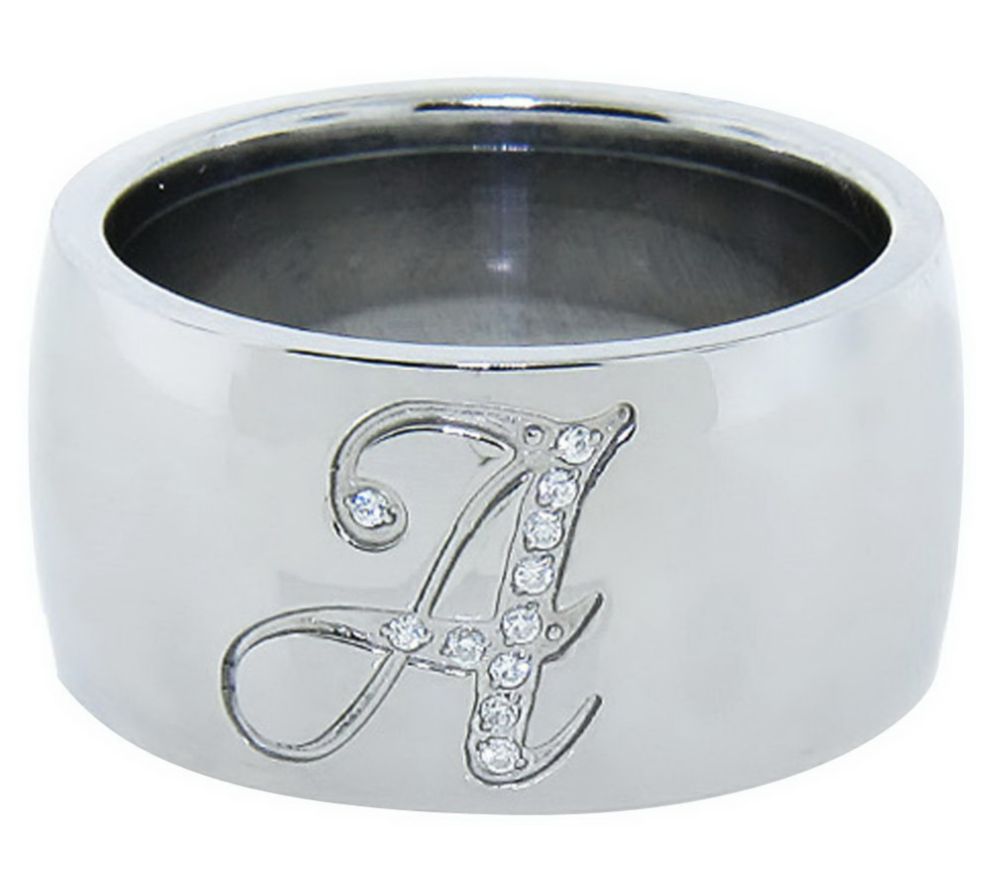 Shiny Wide Pave Set Crystal Initial Band Ring QVC Stainless Steel by ...